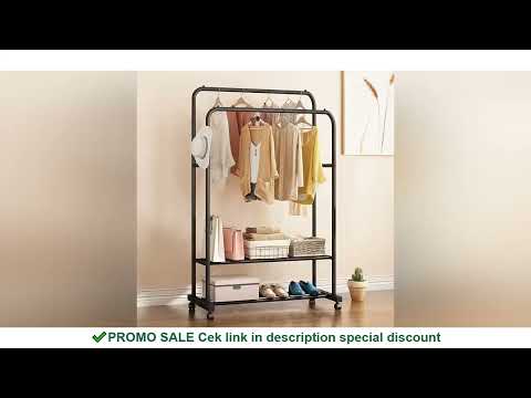 Rolling Clothes Rail Rack Garment Cloth Hanging Rack with 2 Tier Storage Shelves