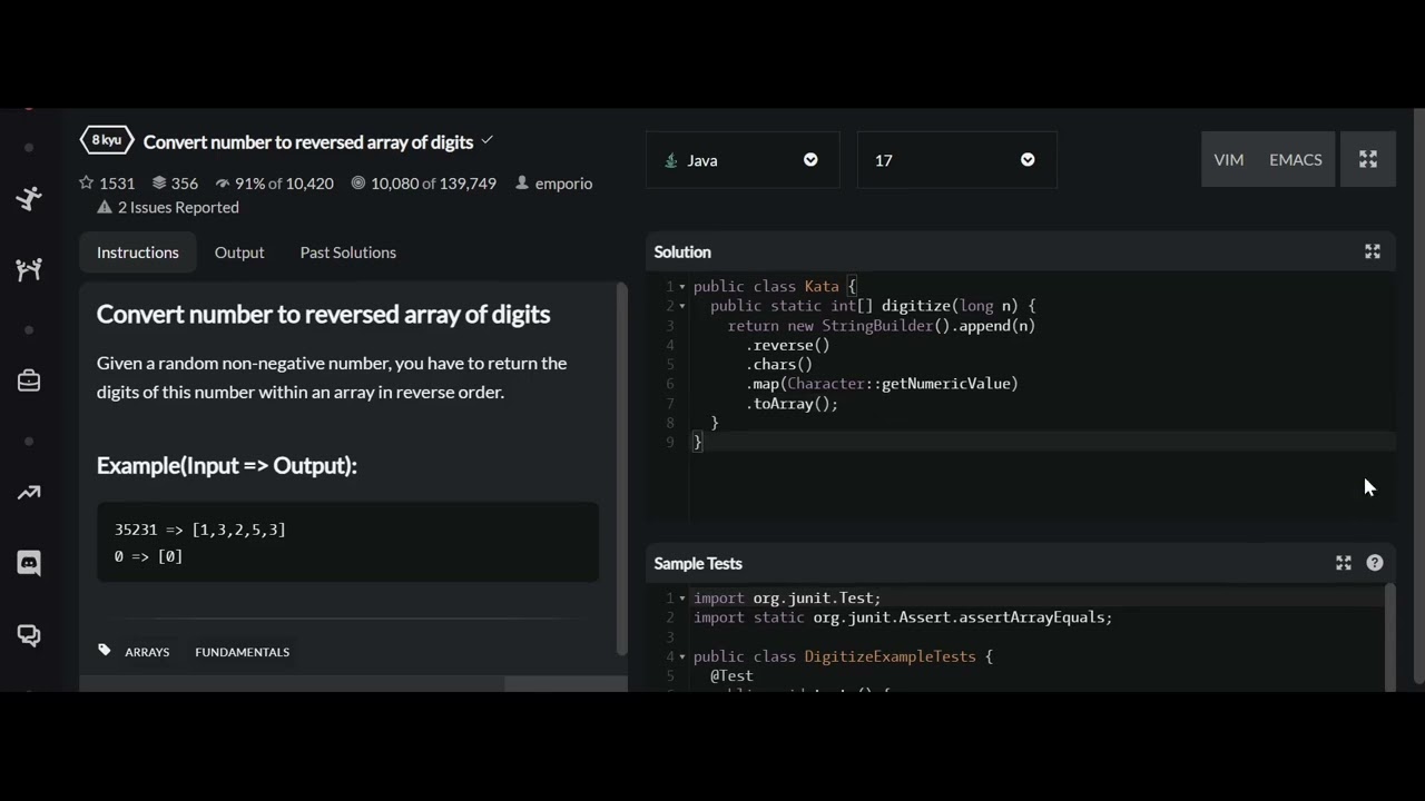 Convert number to reversed array of digits - Codewars - 8 Kyu (JAVA)