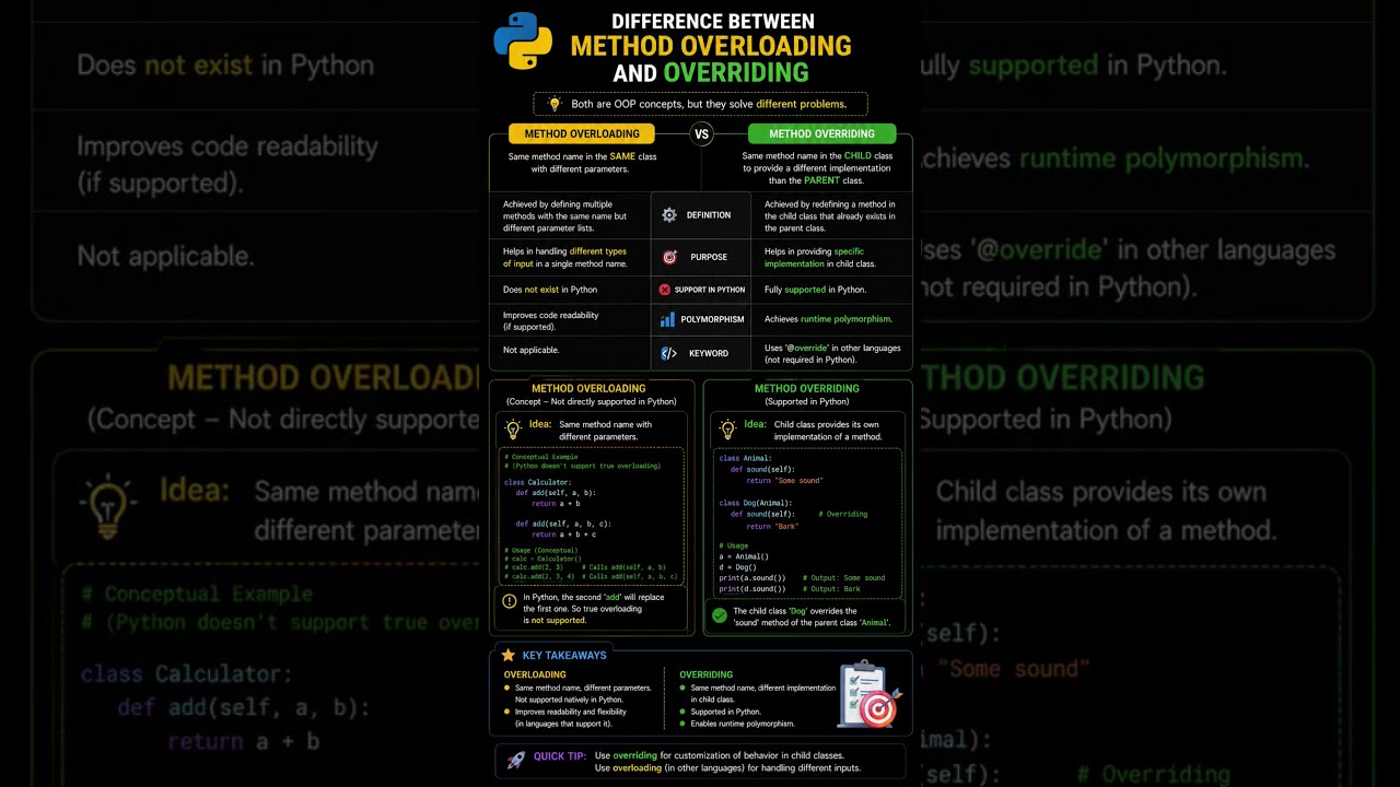 difference between method overloading and overriding #overload #override #methods #python3 #easy