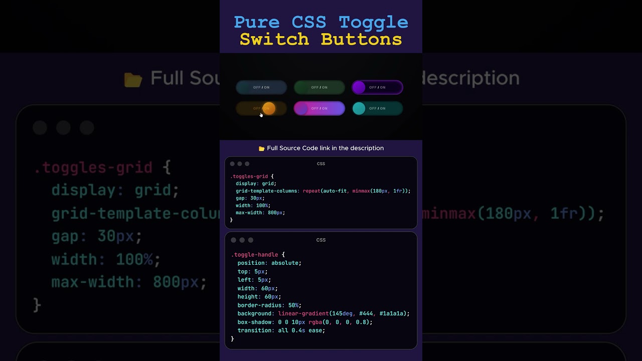 :🎛️ Toggle Button Animation | Pure HTML & CSS | Smooth ON/OFF Switch Effect ✨ #shorts