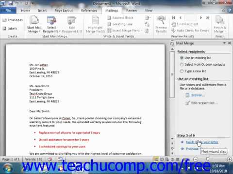 Word 2010 Tutorial The Step by Step Mail Merge Wizard Microsoft Training Lesson 18.2