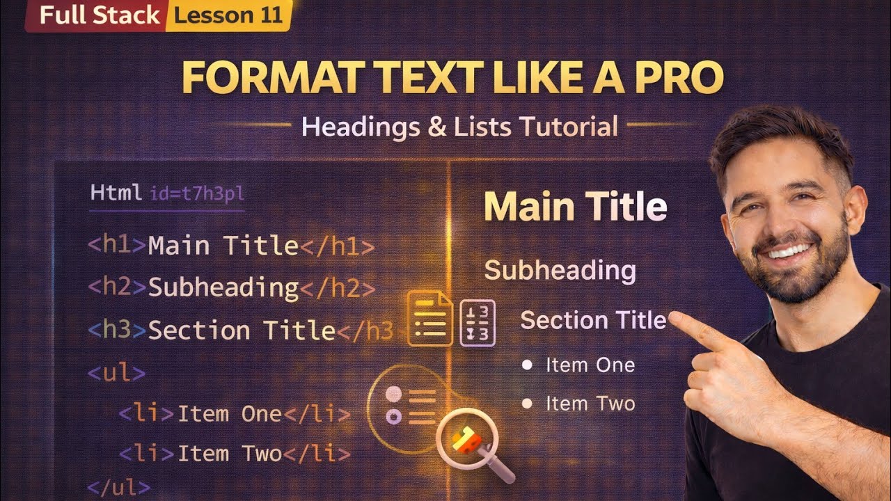 HTML Text Formatting & Lists Tutorial | Headings, UL, OL, LI | Full Stack Lesson 11