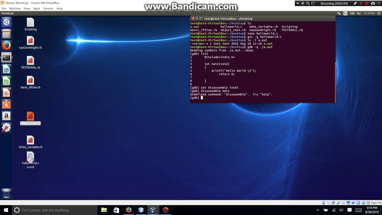 GNU Debugger intro using helloworld.c