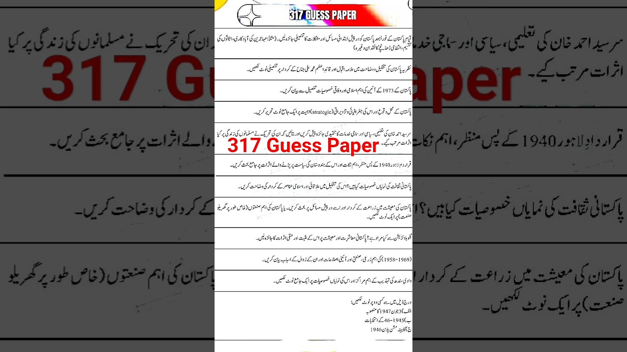 Aiou Code 317 Guess paper FA | Code 317 past paper | old paper 317 Aiou | 317 Pakistan study