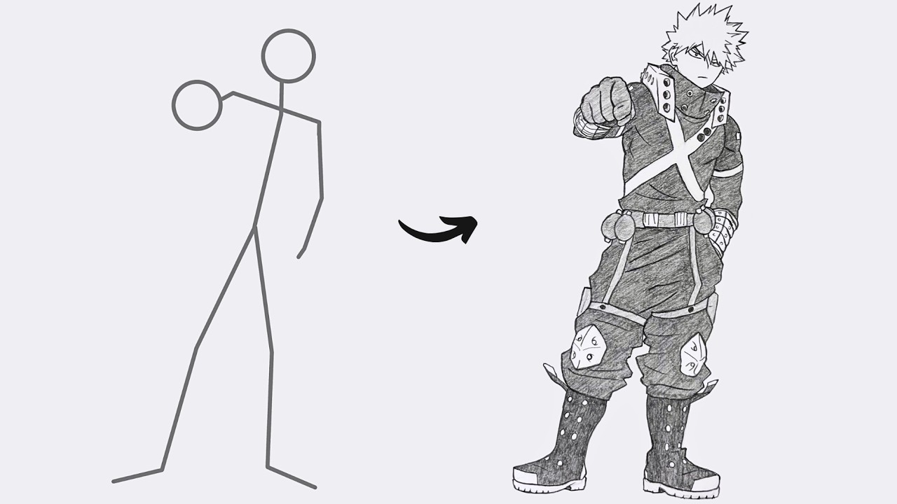 How to Draw Katsuki Bakugo Full Body from Stickman | Easy Step by Step | MHA
