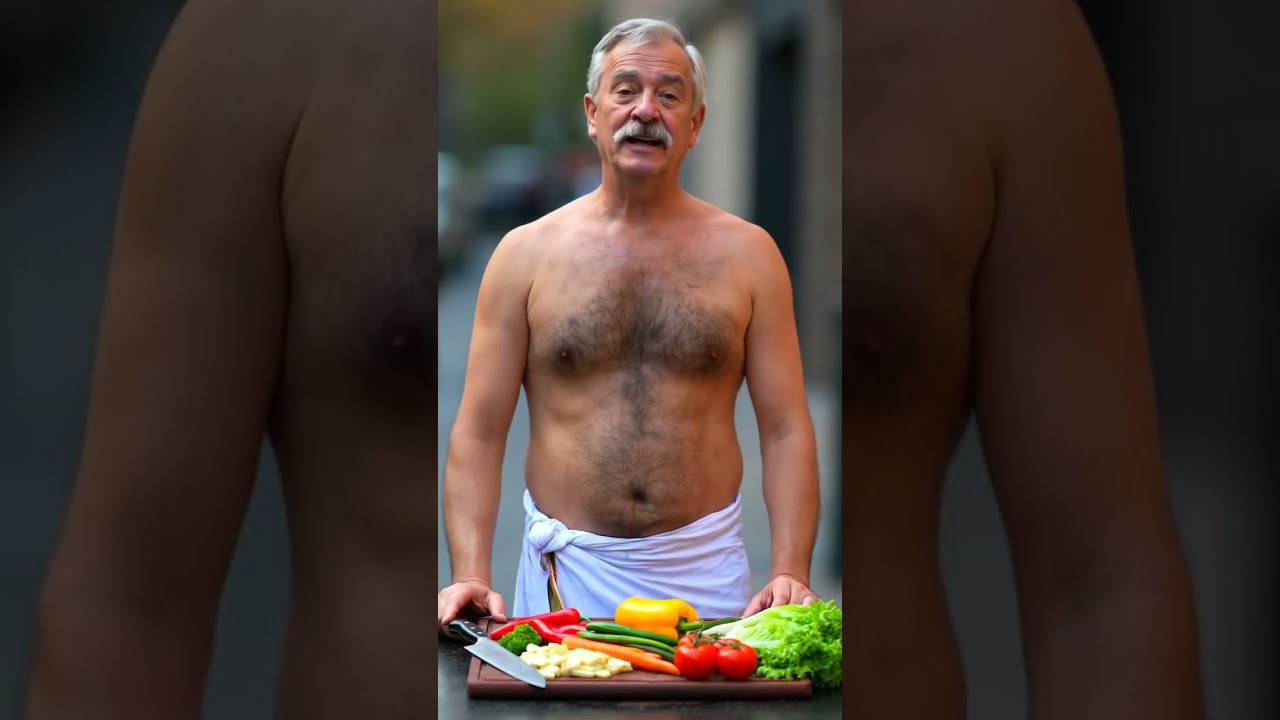 a handsome old man with white hair is talking about something that is being prepared for cooking