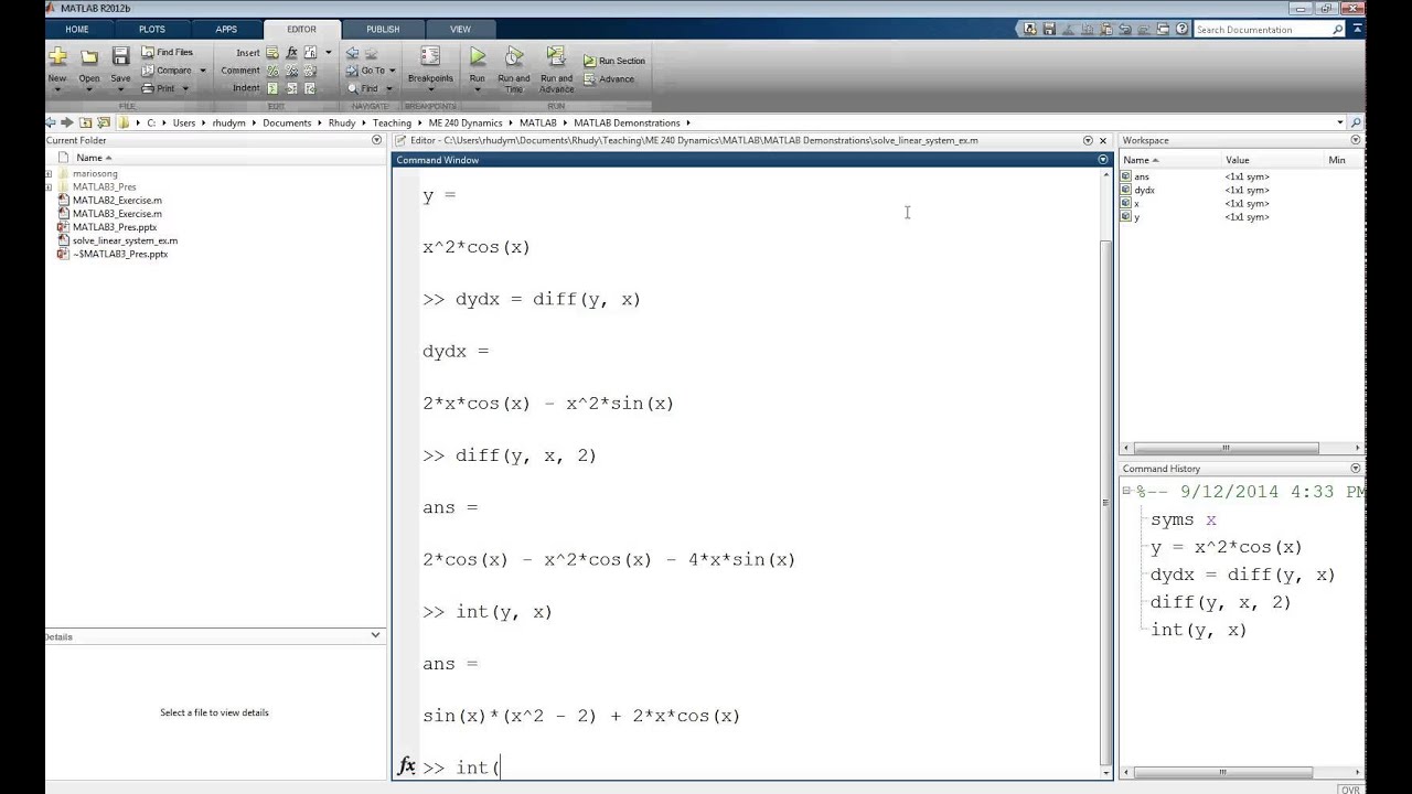 MATLAB Tutorial Lesson #03c:   Basics of using the Symbolic Toolbox