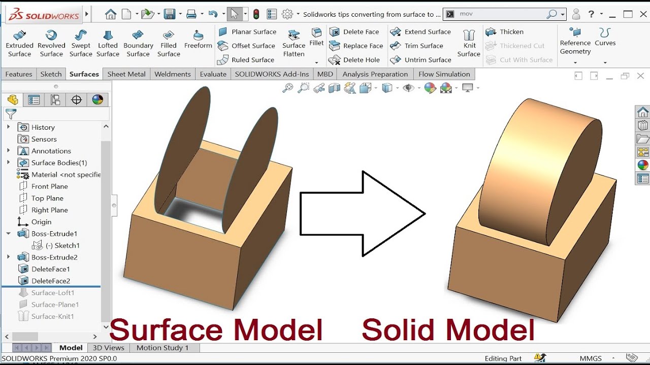 Solidworks tutorials | Convert surface model to solid