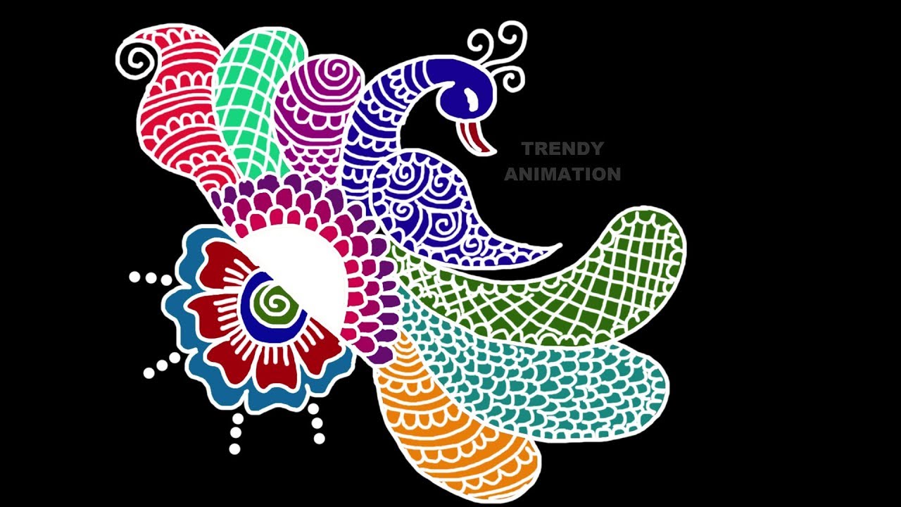 Beautifully colored free hand peacock rangoli design | peacock rangoli designs |