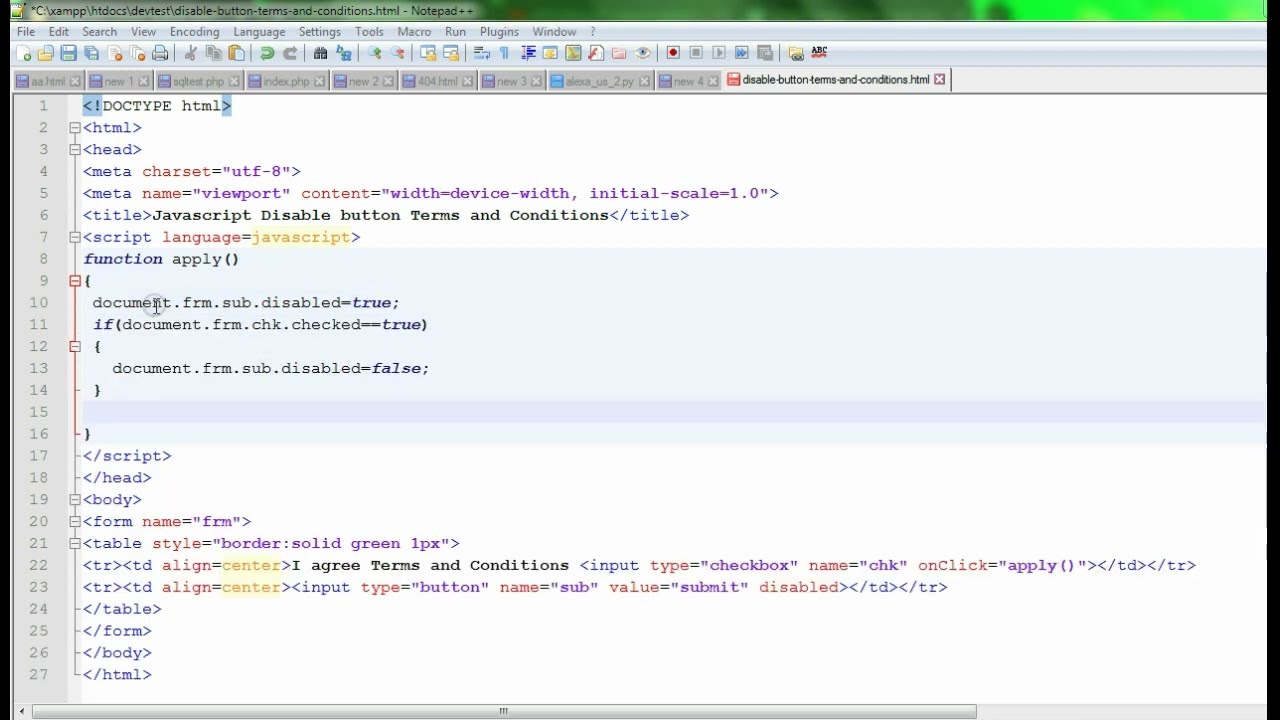 Javascript Disable button Terms and Conditions