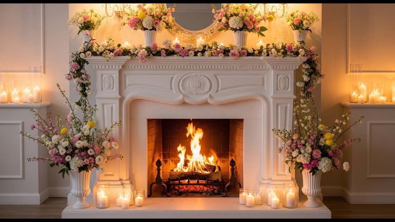 4K Spring Fireplace ASMR🌸🌼🌿Cozy Floral Ambience, Soft Crackling Fire & Candlelight Relaxation