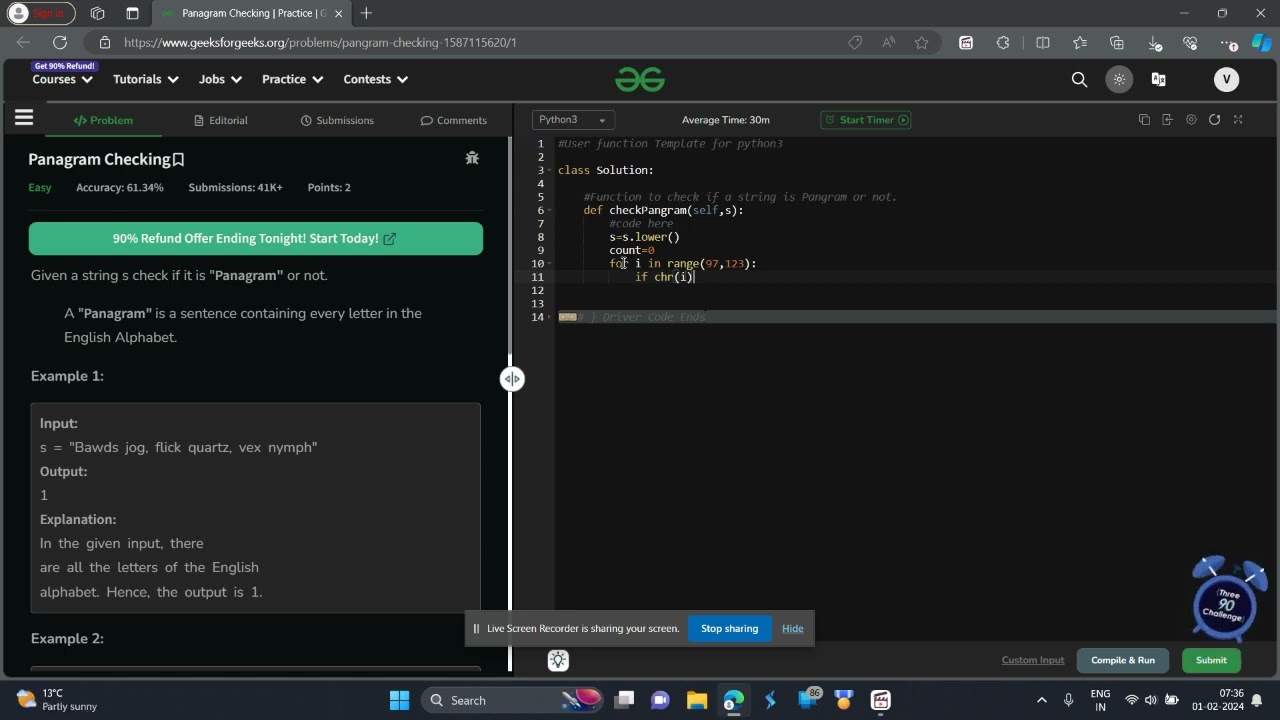 Pangram Checking geeks for geeks potd python solution Panagram gfg potd python