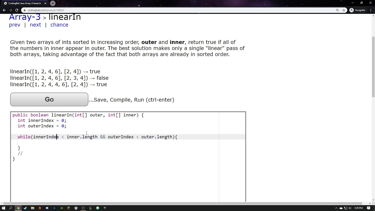 Coding Bat Java - Arrays 3 - linearIn