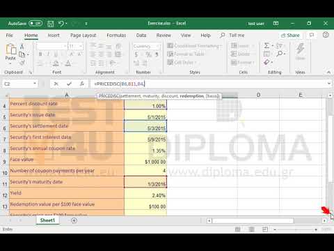 Use the proper function in the cell C2, to calculate the price per 100 dollars face value of a...