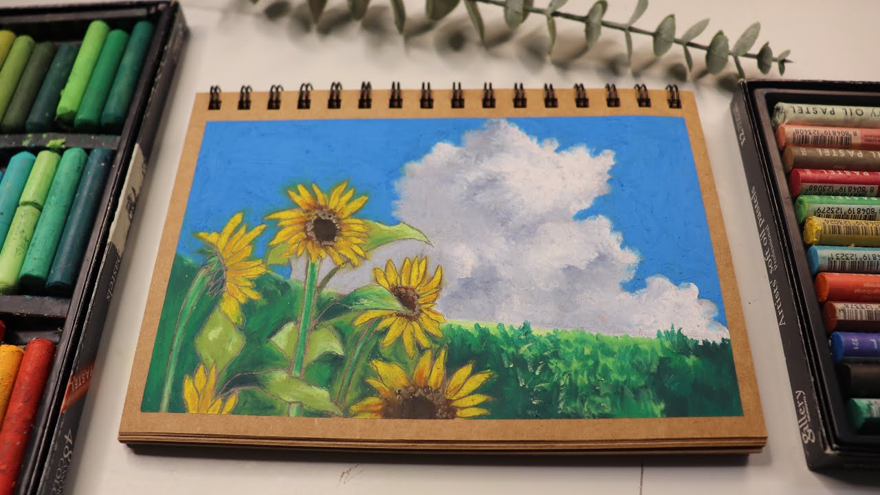 Relaxing Easy Ghibli Studio Oil pastel landscape for beginners / step by step / Sunflower