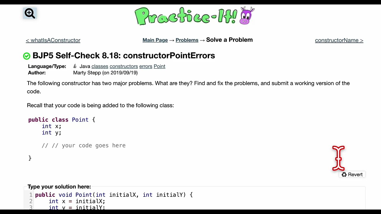 Java Practice It | Self-Check 8.18 constructorPointErrors | classes, constructors, errors, point