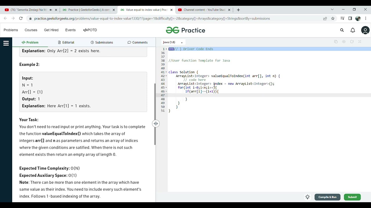 GFG - Value equal to index value using Java