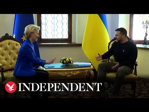 Zelensky greets Von der Leyen in Kyiv as Ukrainian flag raised outside European Commission