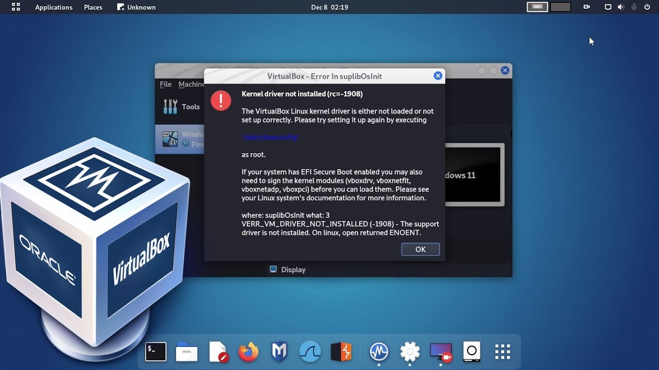 How to fix kernel driver not installed (rc=-1908) in VirtualBox and Linux kernel driver not loaded