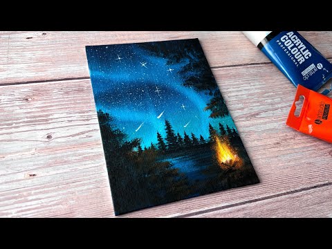 campfire under aurora night sky ✨️ easy acrylic painting for beginners
