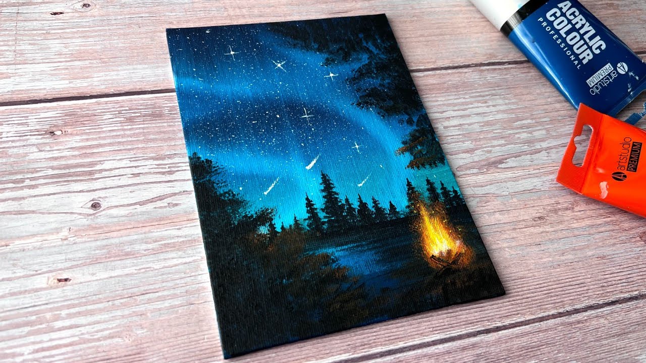 campfire under aurora night sky ✨️ easy acrylic painting for beginners