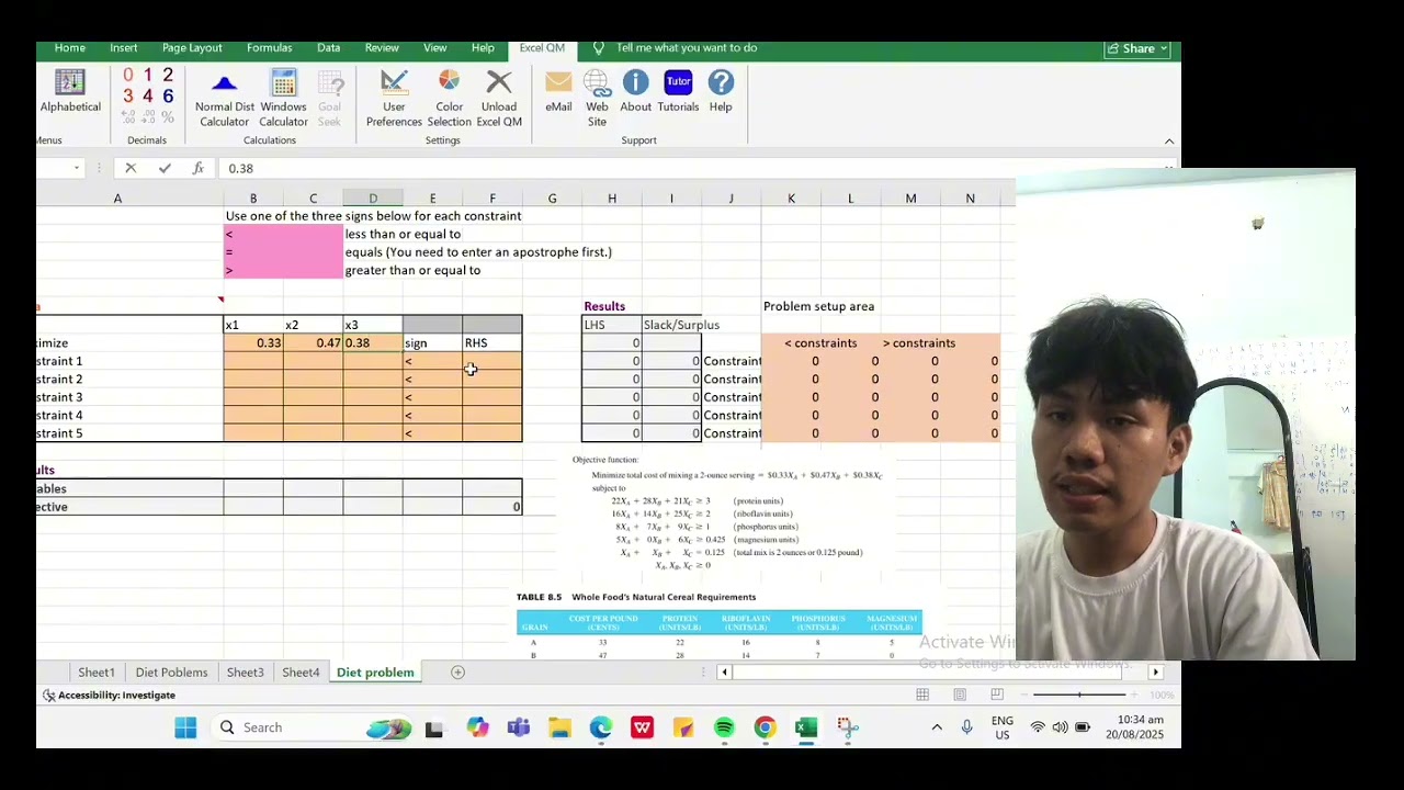 Linear Programming Applications ( Solving Diet Problem Using EXCEL QM) 