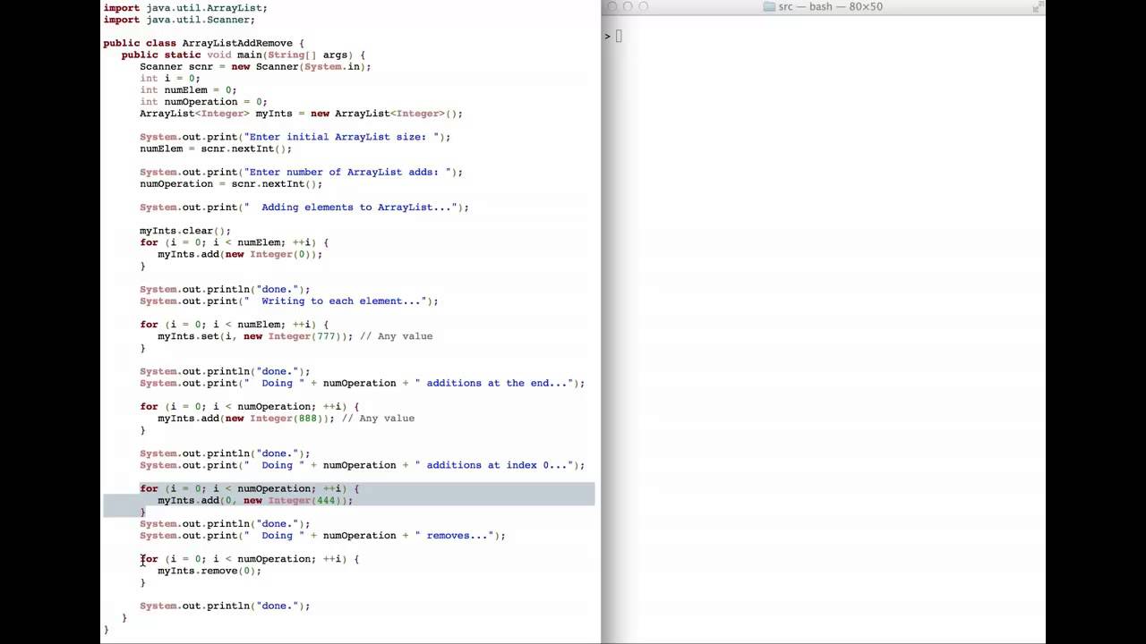 Programming example: ArrayList inserts and removes.