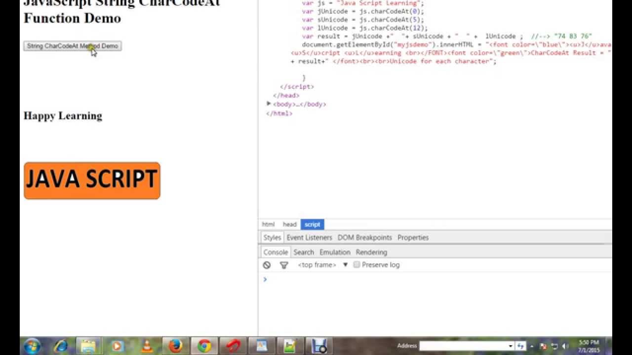 TAMIL STRINGS CHARCODEAT METHOD IN JAVASCRIPT DEMO