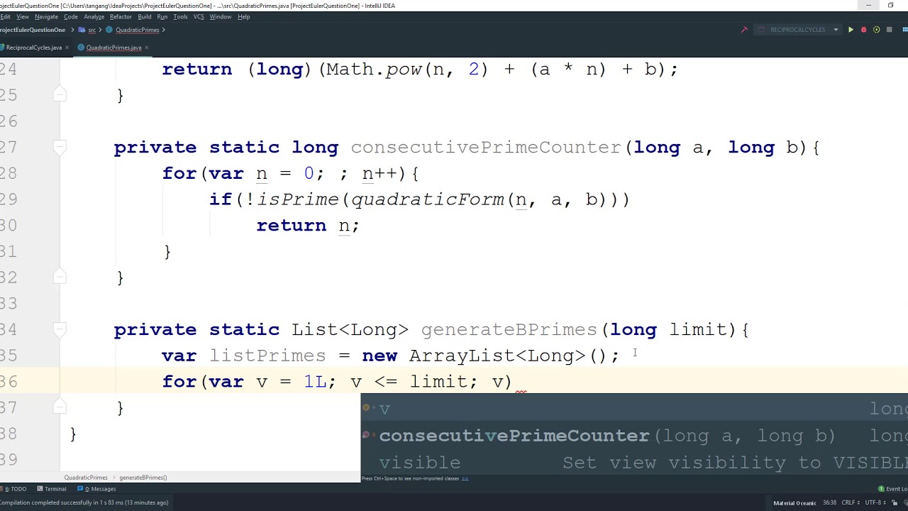 Project Euler Problem 27 java : Quadratic primes