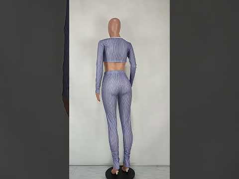 Women Clothing Sexy Hollow Stripe Print Top and Pant Two-Piece Set,S-XL,GY Y6149