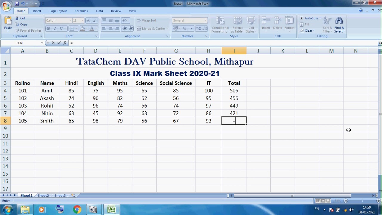 Class 9 IT Microsoft Excel Mark Sheet and Chart Example Practical