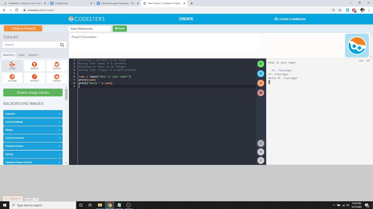 Inputs (Python/Codesters)