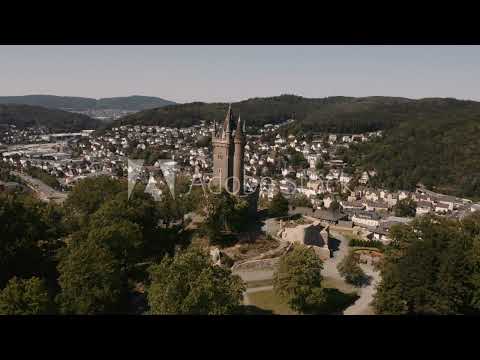 Aerial View on the Wilhelmsturm tower and town at Dillenburg, Hessen, Germany - Stock Footage