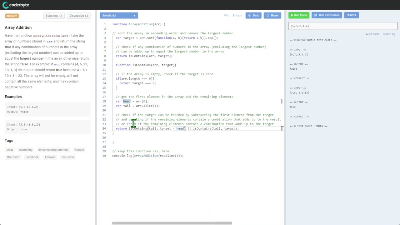 Coderbyte - Array Addition - Code challenge - JavaScript Solution Source Code
