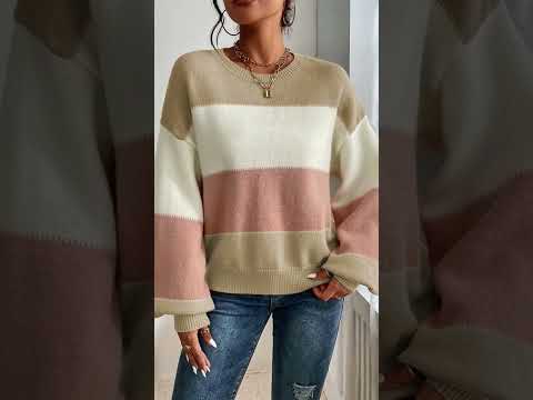 Color-block Crew Neck Sweater Casual Loose Shoulder Lantern Sleeve Pullover Women#fashion