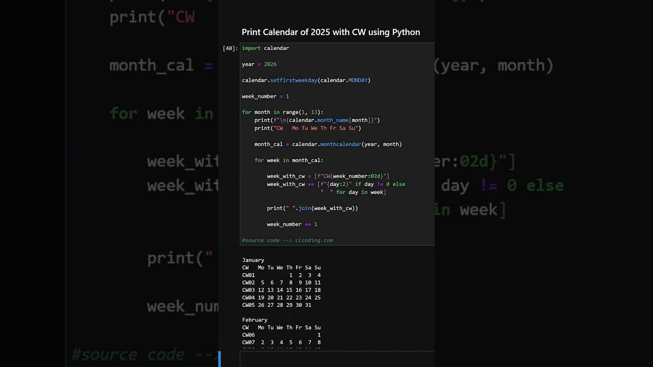 Print Calendar of 2025 with CW using Python #python #pythonprogramming #pythonforbeginners #calendar