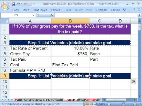 Excel Busn Math 25: Part = Rate * Base = Percent Formula