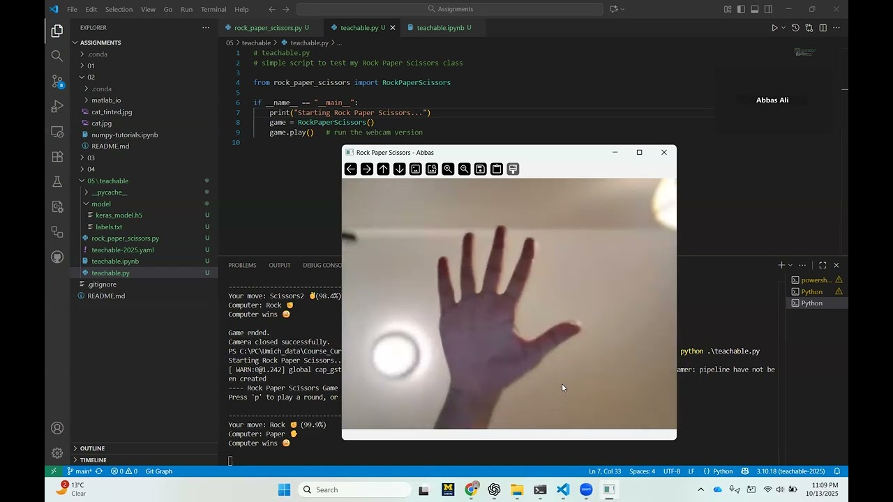 🎮 Rock-Paper-Scissors AI Game | Teachable Machine + TensorFlow + Python + OpenCV