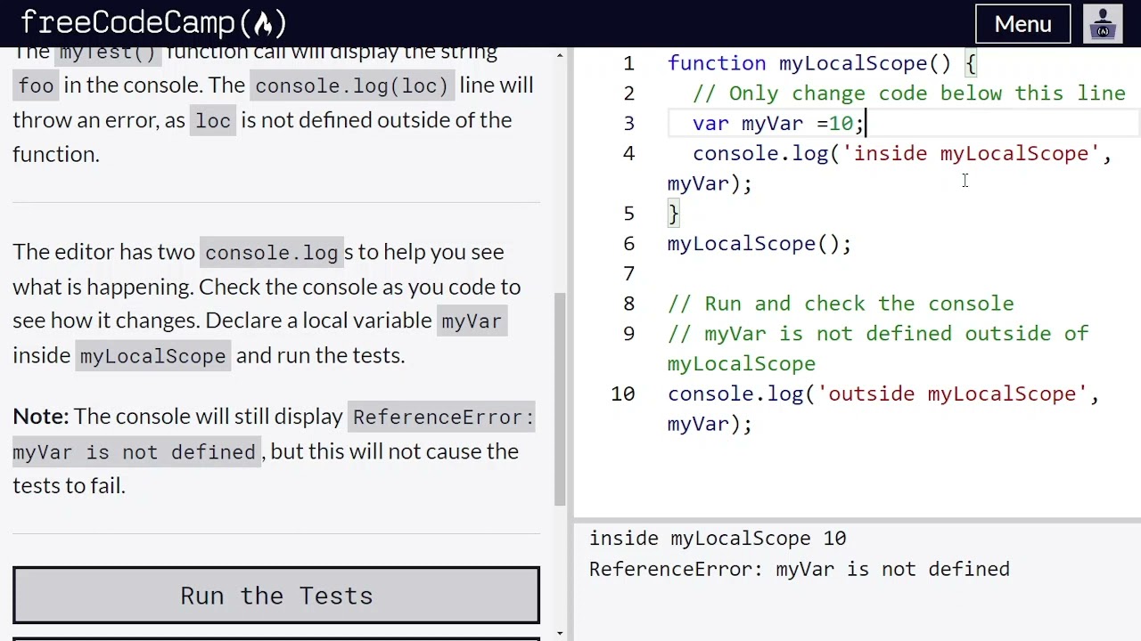 Local scope and functions - freeCodeCamp | Video 53 | Basic JavaScript