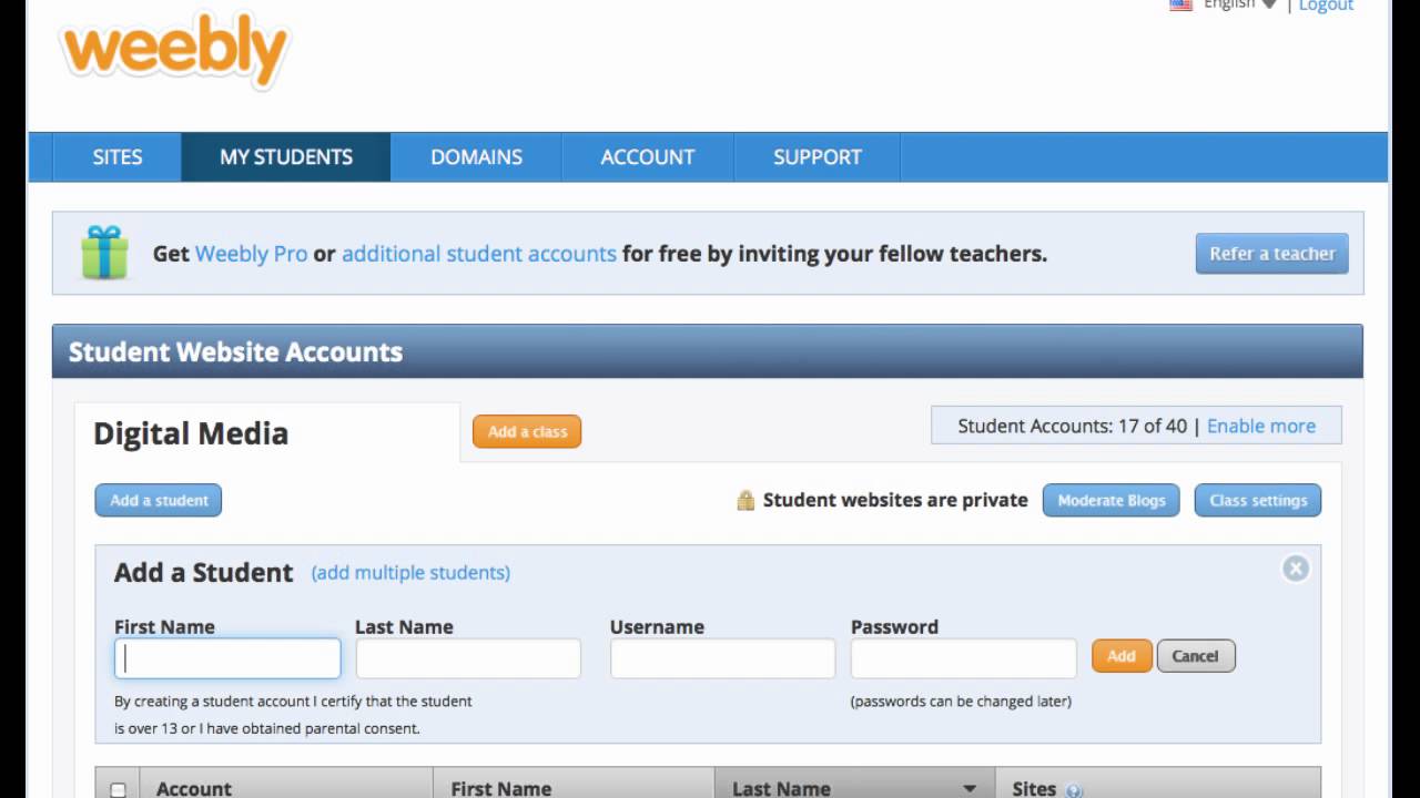 Creating Student Accounts in Weebly