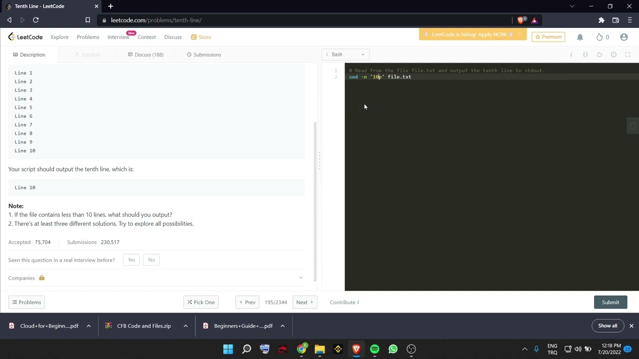Tenth Line Solution using Bash in LeetCode