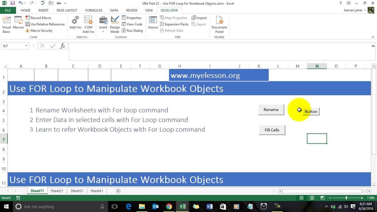 Learn Vba Use For Next Loop For Workbook Objects Vba Learn Excel Course Ms Word Course And Ms