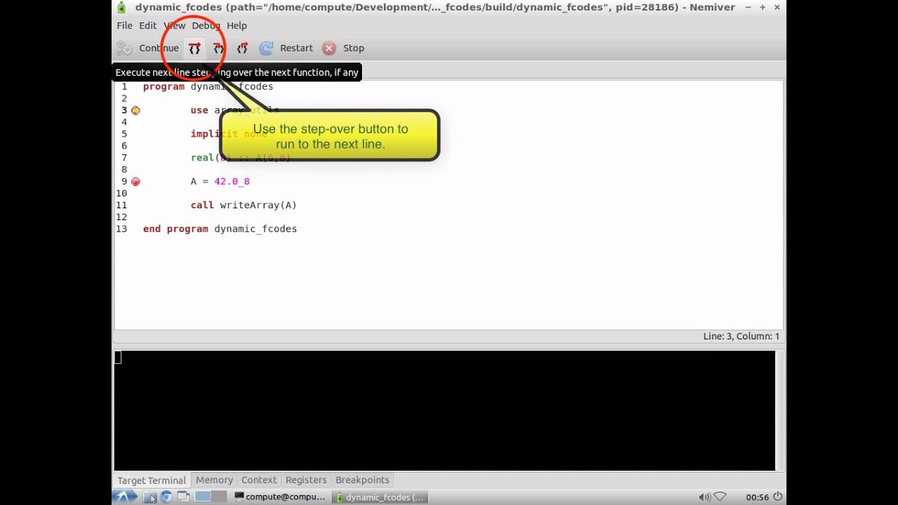 Using the graphical debugger nemiver