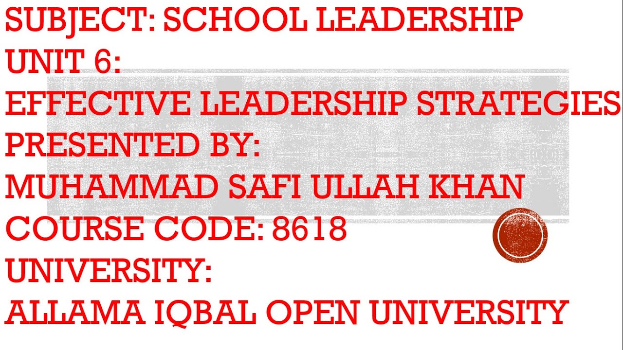 AIOU| B.Ed Unit6 || Effective Leadership Strategies | Vision | School Leadership || 8618 Course Code