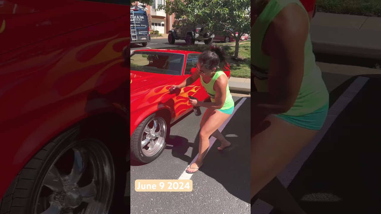 Attorney Emily Compagno polishing a car