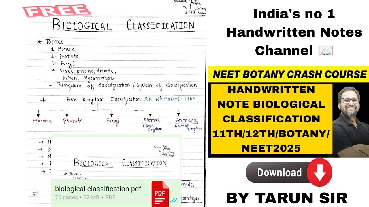 Biological Classification Handwritten Notes PDF by Tarun Sir | NEET 2026 | Important | Class 11