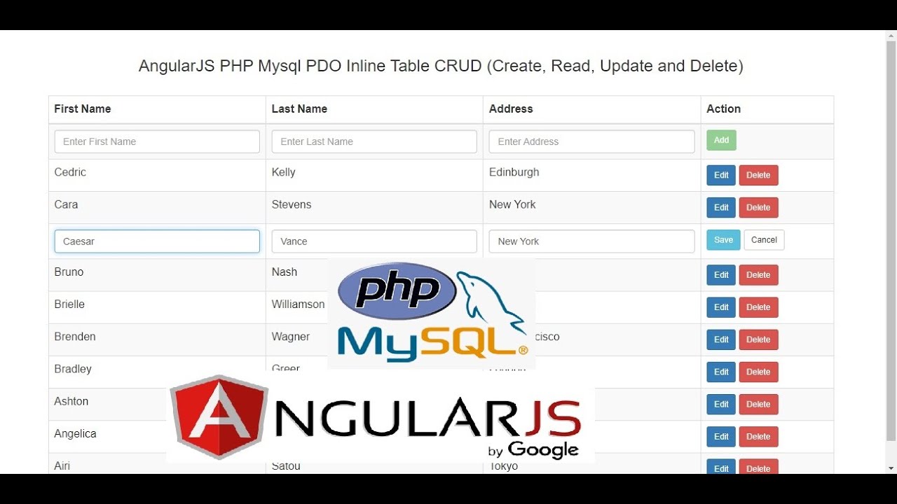 AngularJS PHP Mysql PDO Inline Table CRUD (Create, Read, Update and Delete)