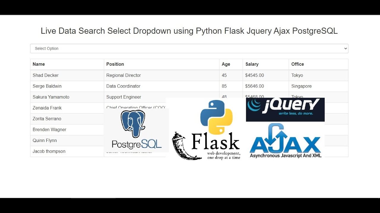 Live Data Search Select Dropdown using Python Flask Jquery Ajax PostgreSQL