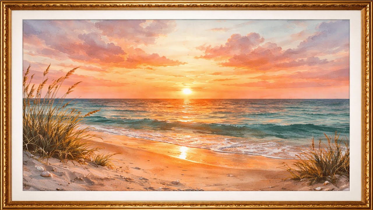 Beach Sunset Gold Frame TV Art | 5 Hours Long | NO ADS | Peaceful Watercolor Artwork