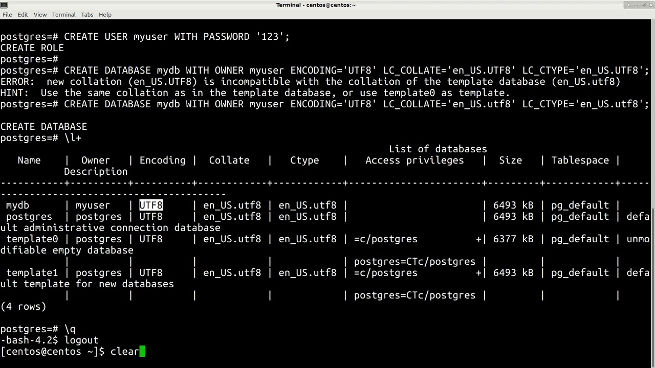 How to create postgresql user and database